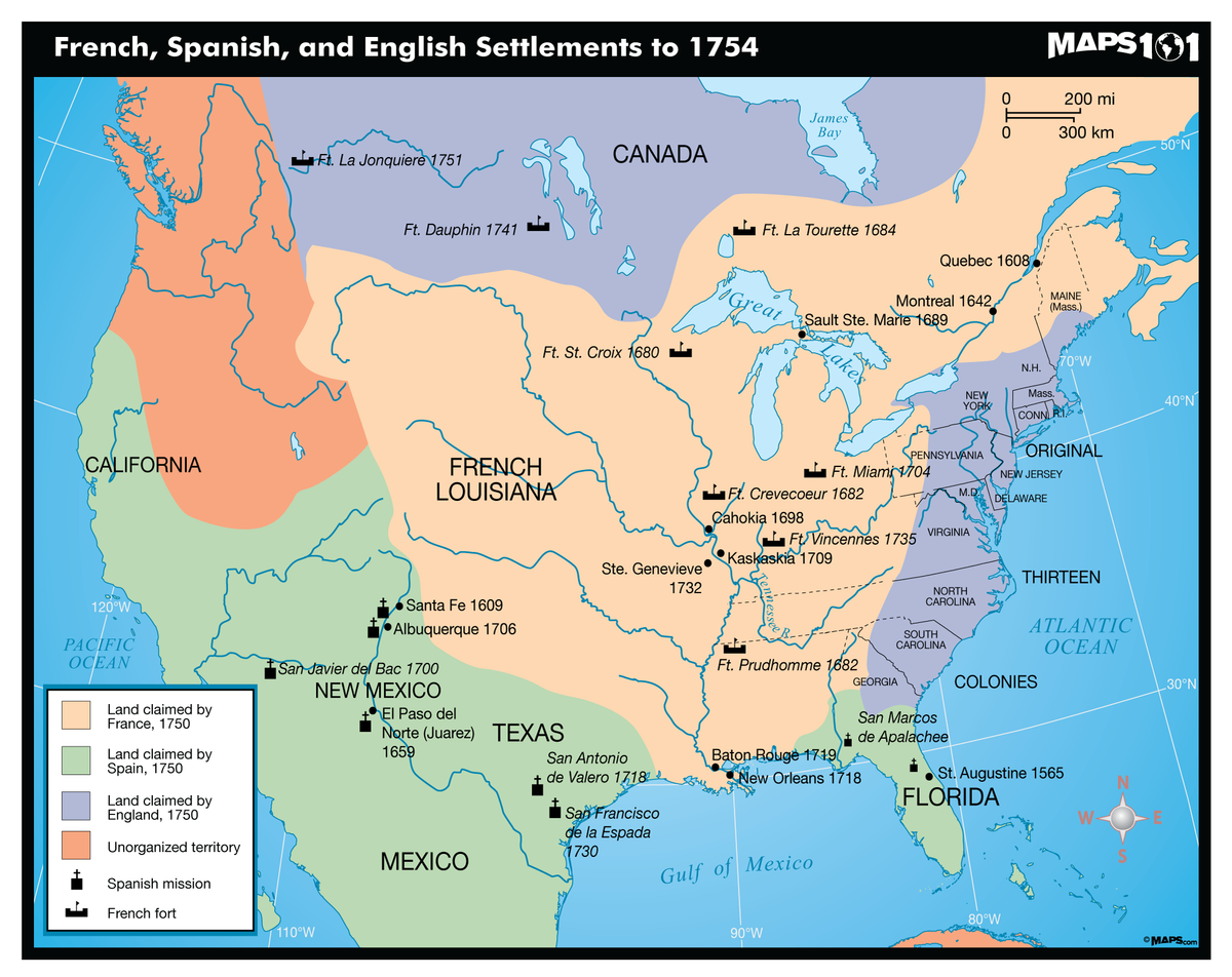 French, Spanish, and English Settlements to 1754 Map – MAD MAPS