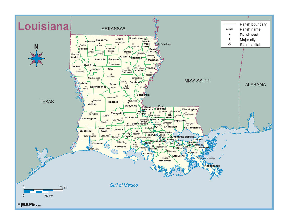 Louisiana County (Parish) Outline Wall Map – MAD MAPS