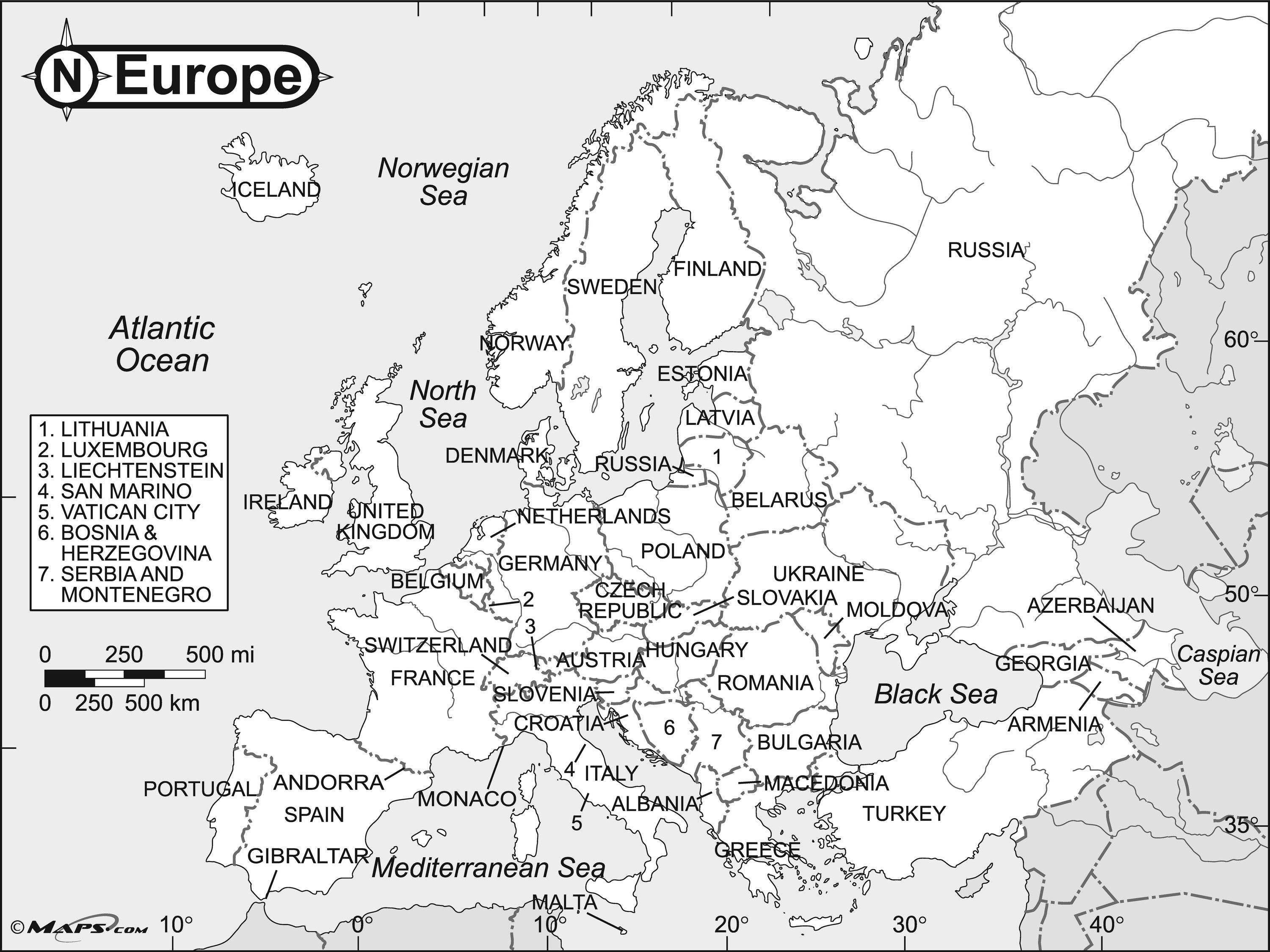 Black And White Map Of Europe With Capitals